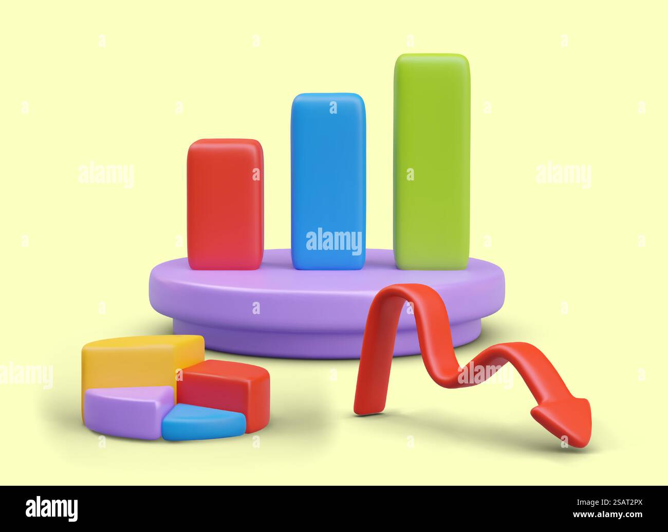 Pie chart, bar graph on podium, arrow pointing down. Color vector ...