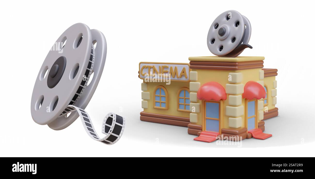 Building with signboard on white background. Model of cinema with large ...