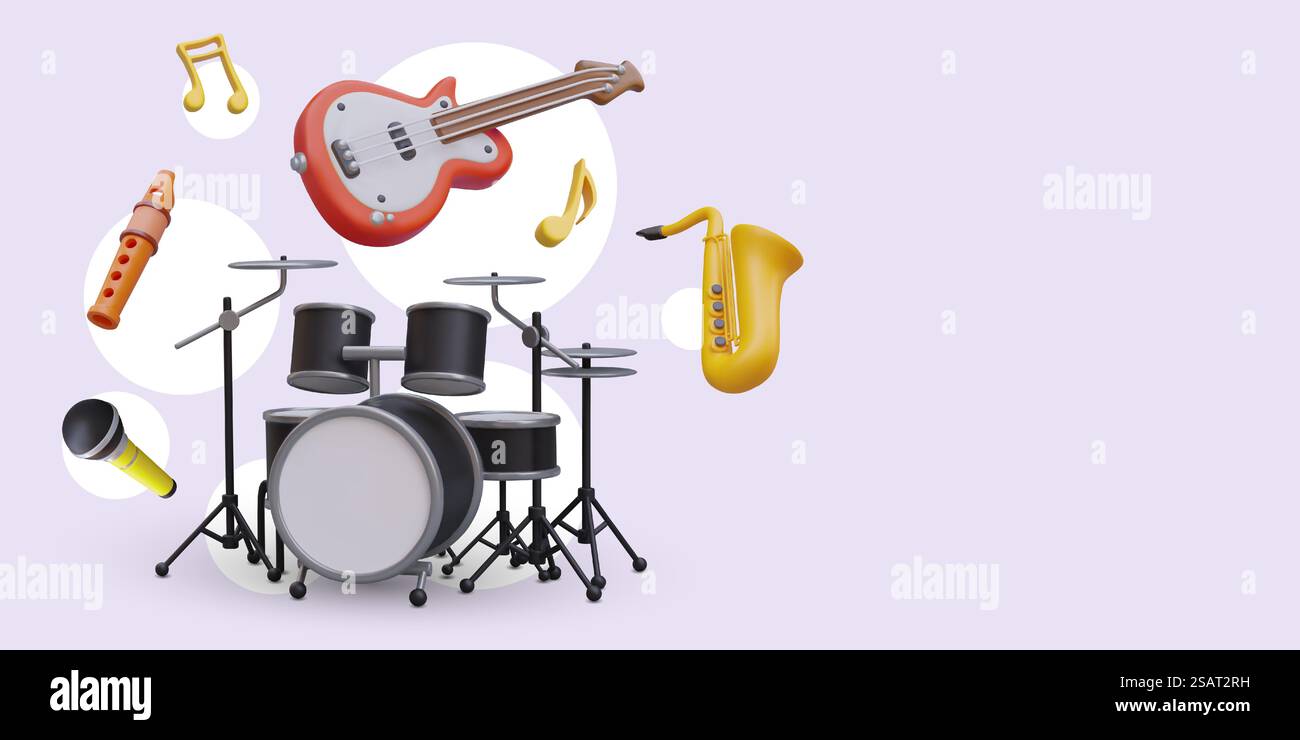 3D musical instruments. Guitar, drum stand and flute, microphone and ...