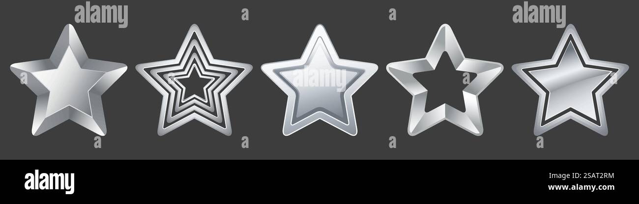 Set of different silver ranking stars. Silver stars collection isolated ...