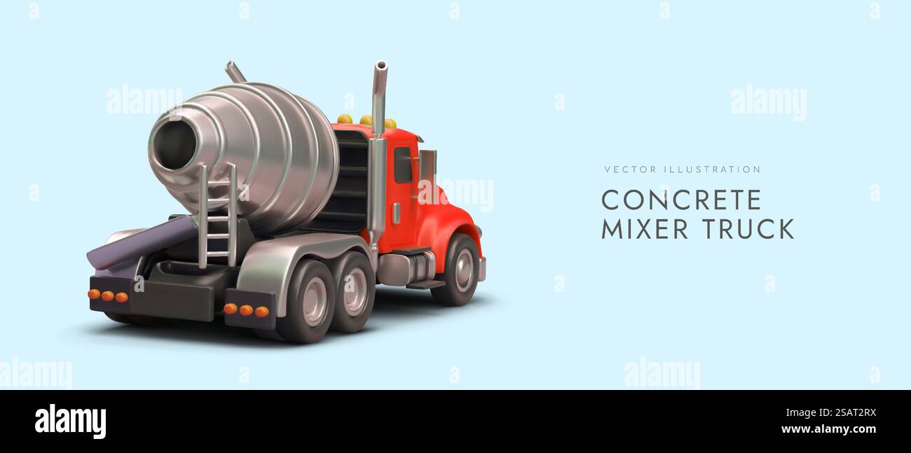 Back view of 3d realistic concrete mixer truck. Advertising poster with ...