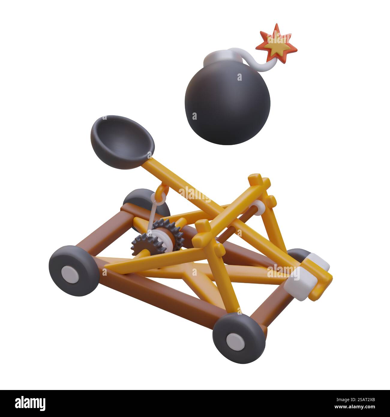 Realistic catapult launches projectile. Round black bomb with lit cord ...