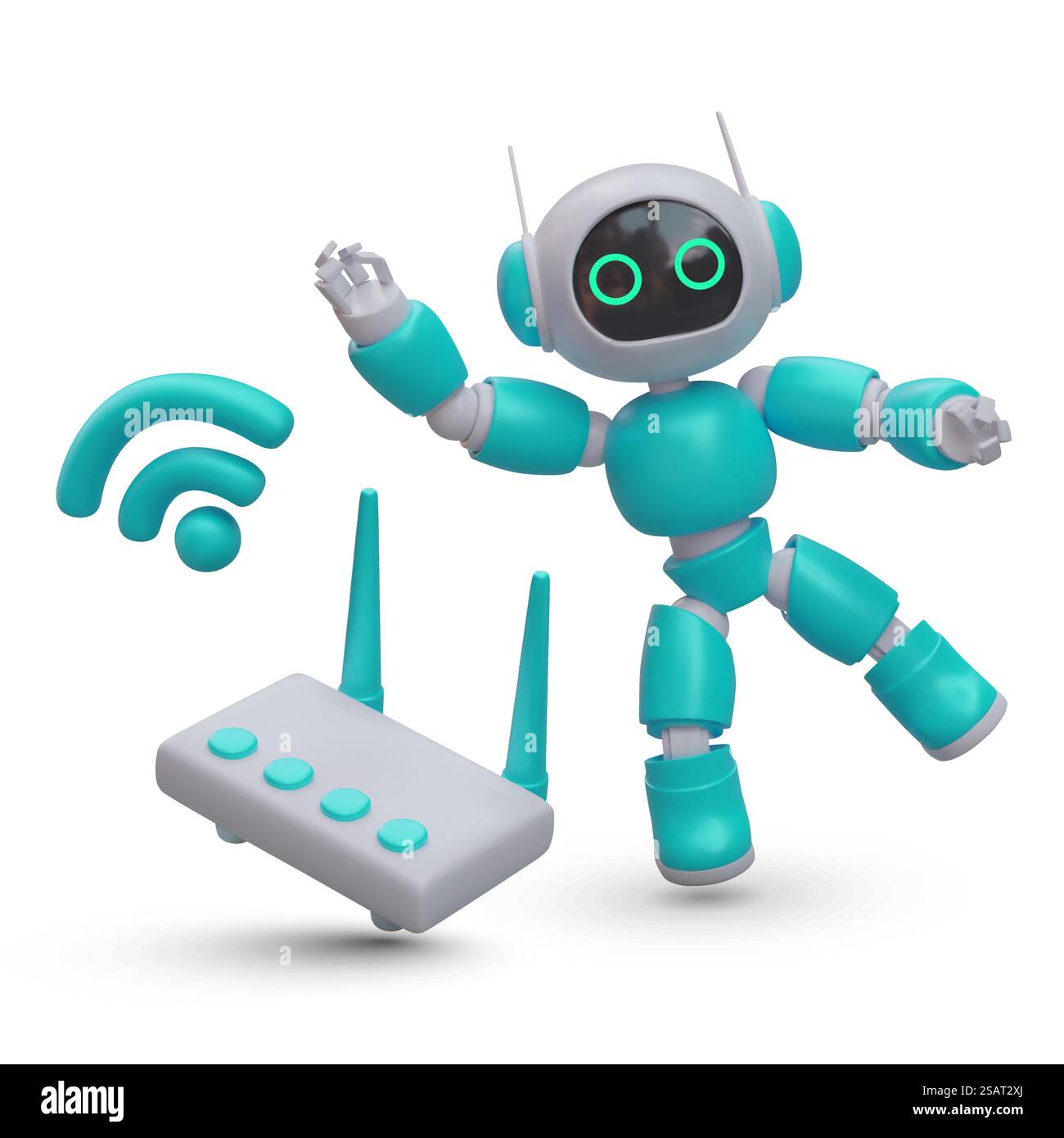 Funny realistic robot, router, wifi signal symbol. Wireless ...
