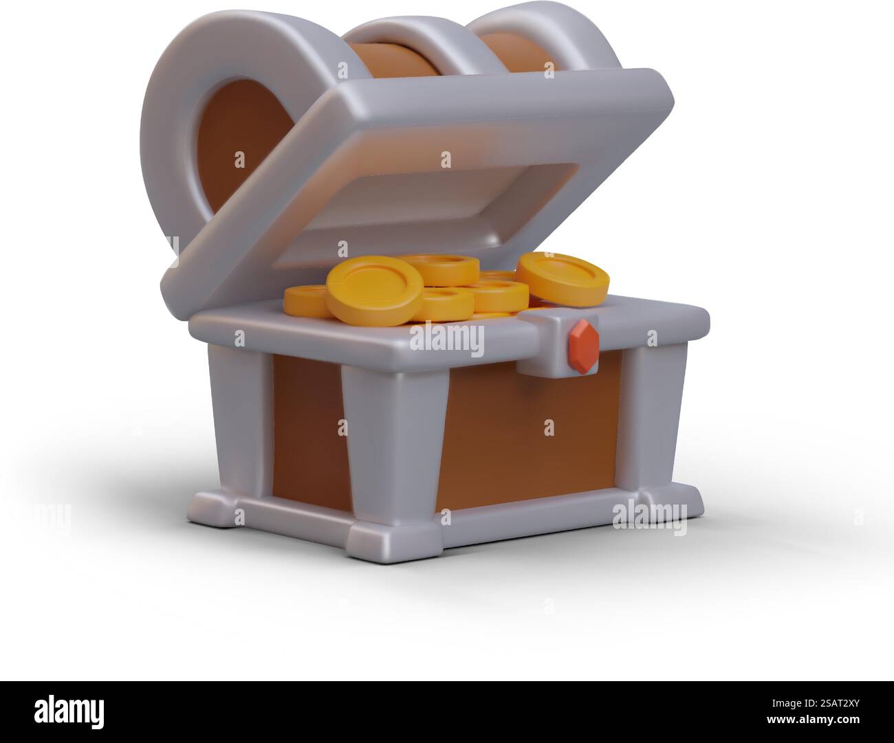 Side view of open treasure chest with collection of gold coins. Element ...