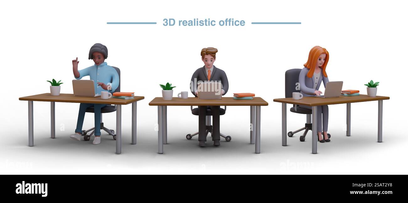Realistic office, workplace. Male and female vector characters sitting ...