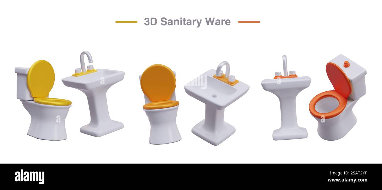 Vector set of sanitary ware. Washbasins and toilets with seats of ...