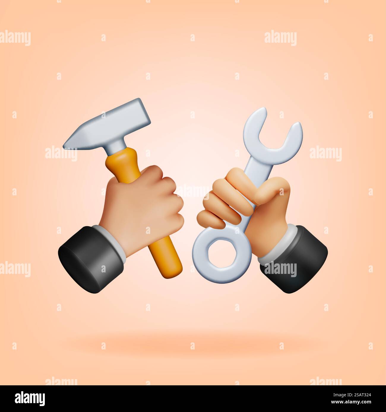 3d Hammer and Wrench Tool in Hands. Render Hammer, Wrench of Metallic ...