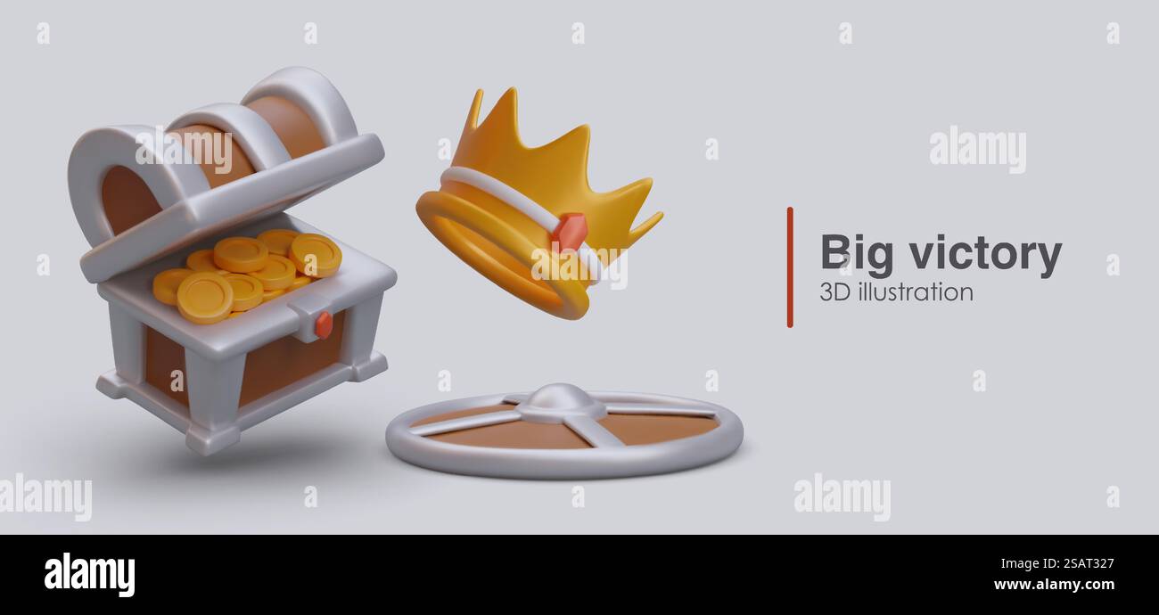 Big win concept. Vector round shield, golden crown, chest full of coins ...