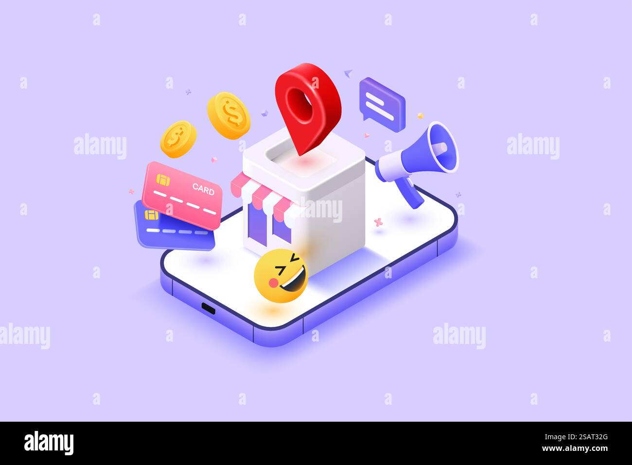 3D Render isometric view Online shopping. Smart concept of E-commerce ...