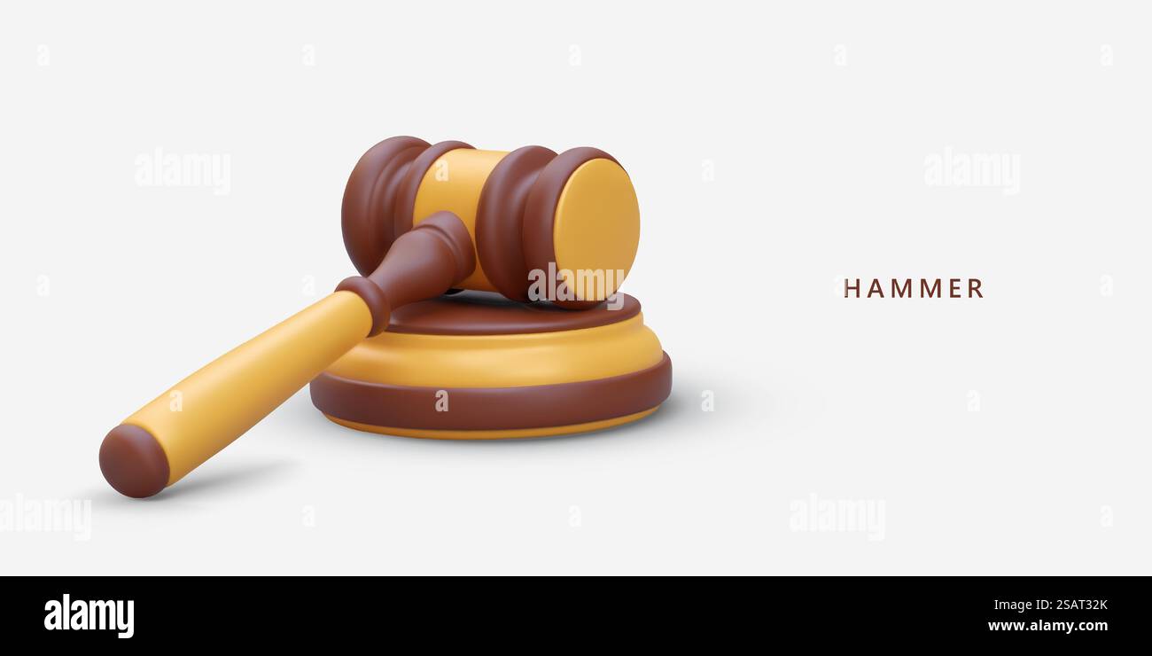Wooden 3D hammer lies on stand. Ceremonial accessory of chief judge ...