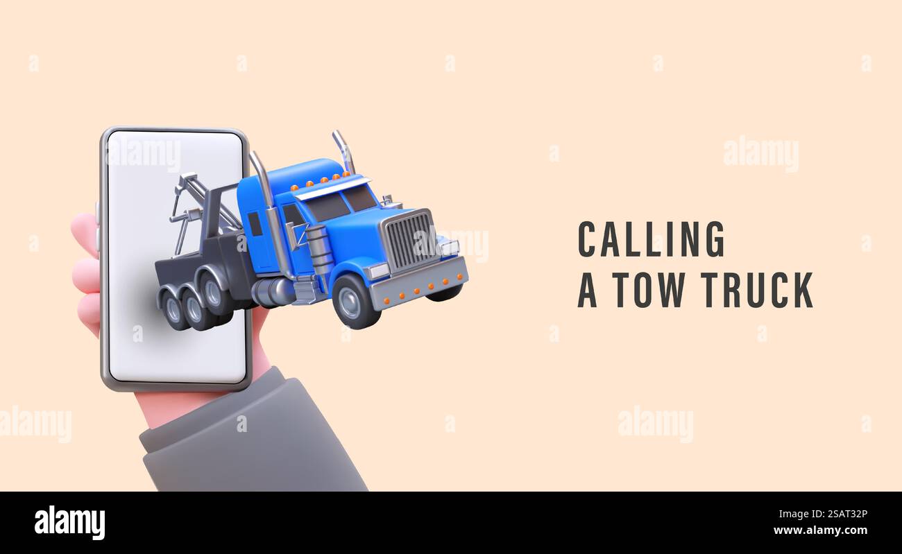 3d hand holding mobile phone and calling for order tow truck. Evacuate ...
