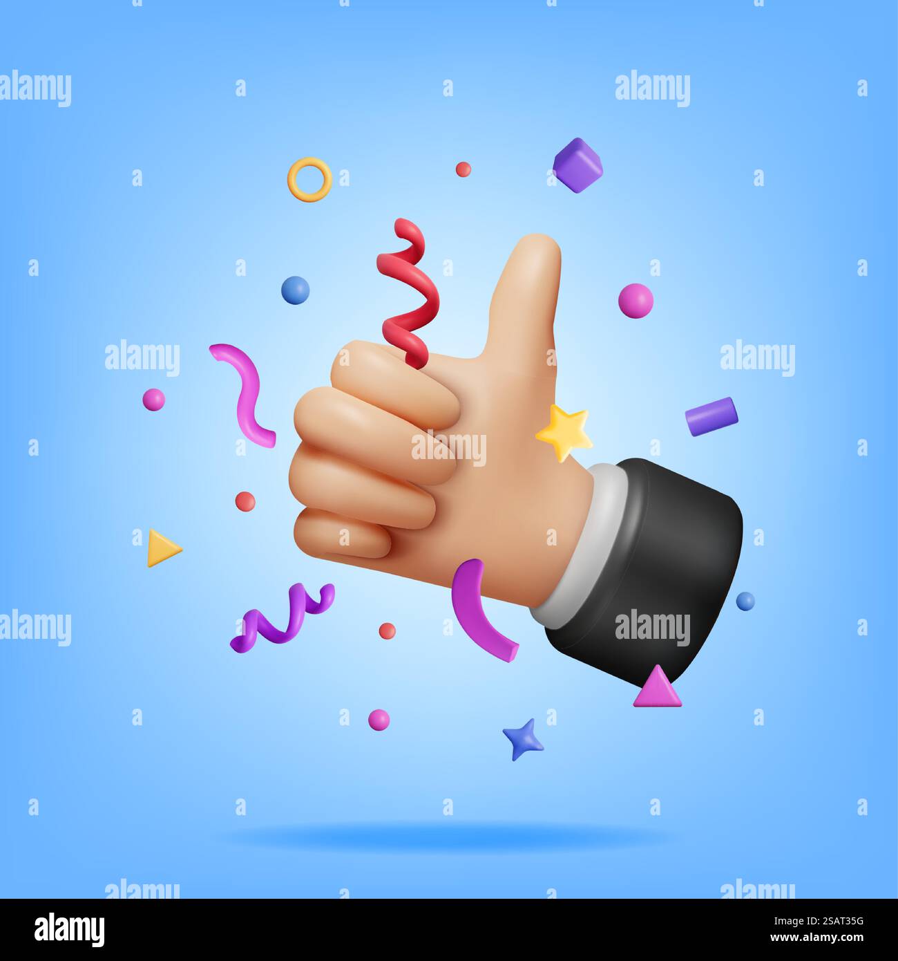 3D Thumbs Up Hand Gesture and Confetti Isolated. Render Like Hand ...