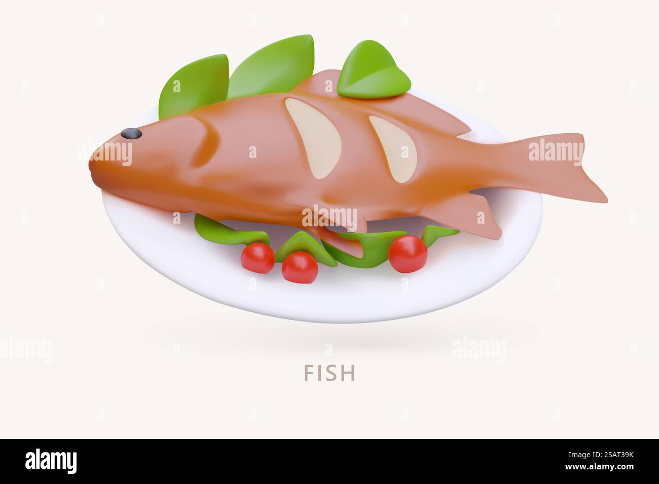 3D whole grilled fish on plate. Dish served with aromatic spices. Color ...