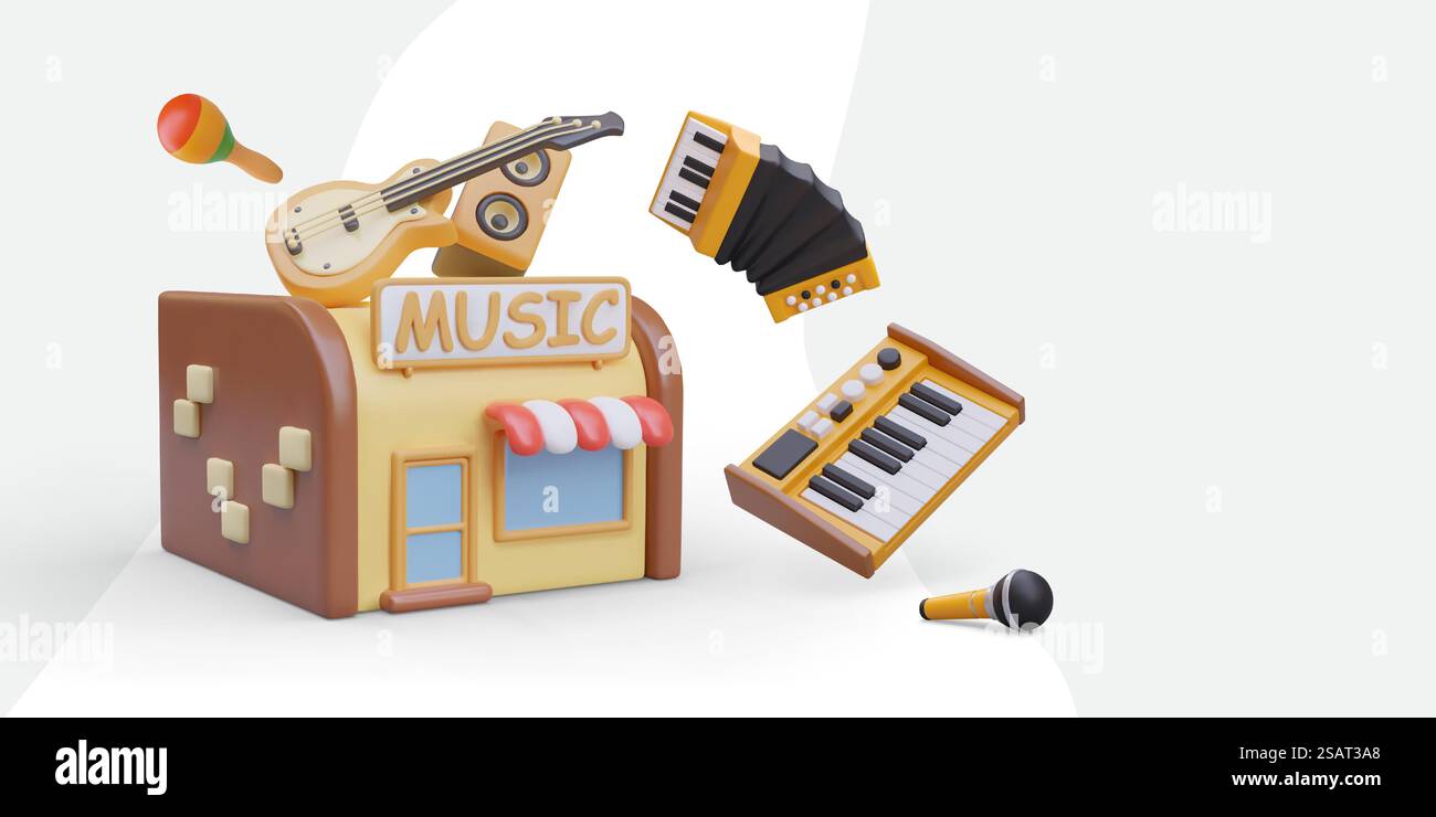 Musical instrument shop. Realistic building, maracas, accordion, guitar ...