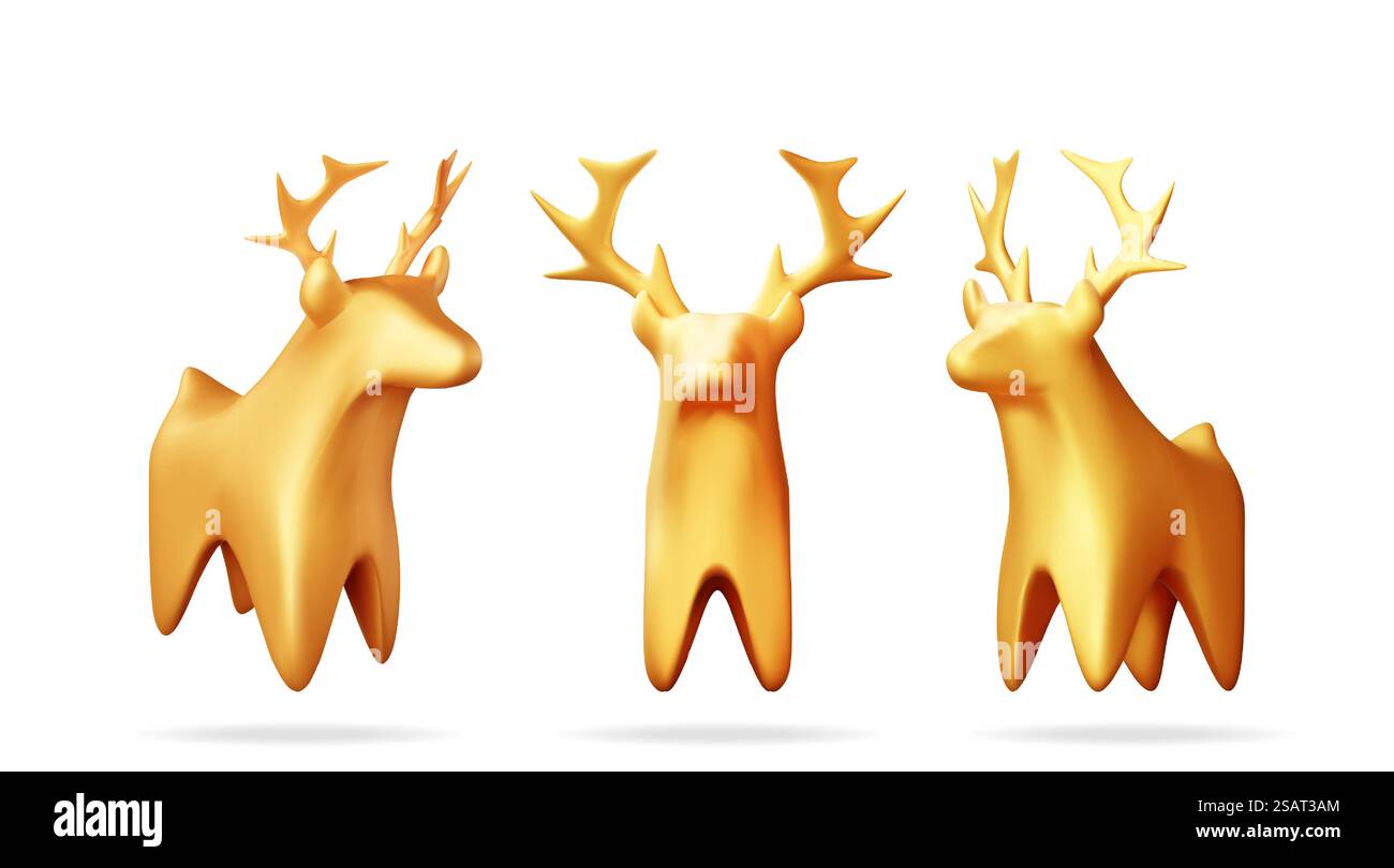 3D Set of Christmas Deer Statue Isolated. Render Collection of Gold ...