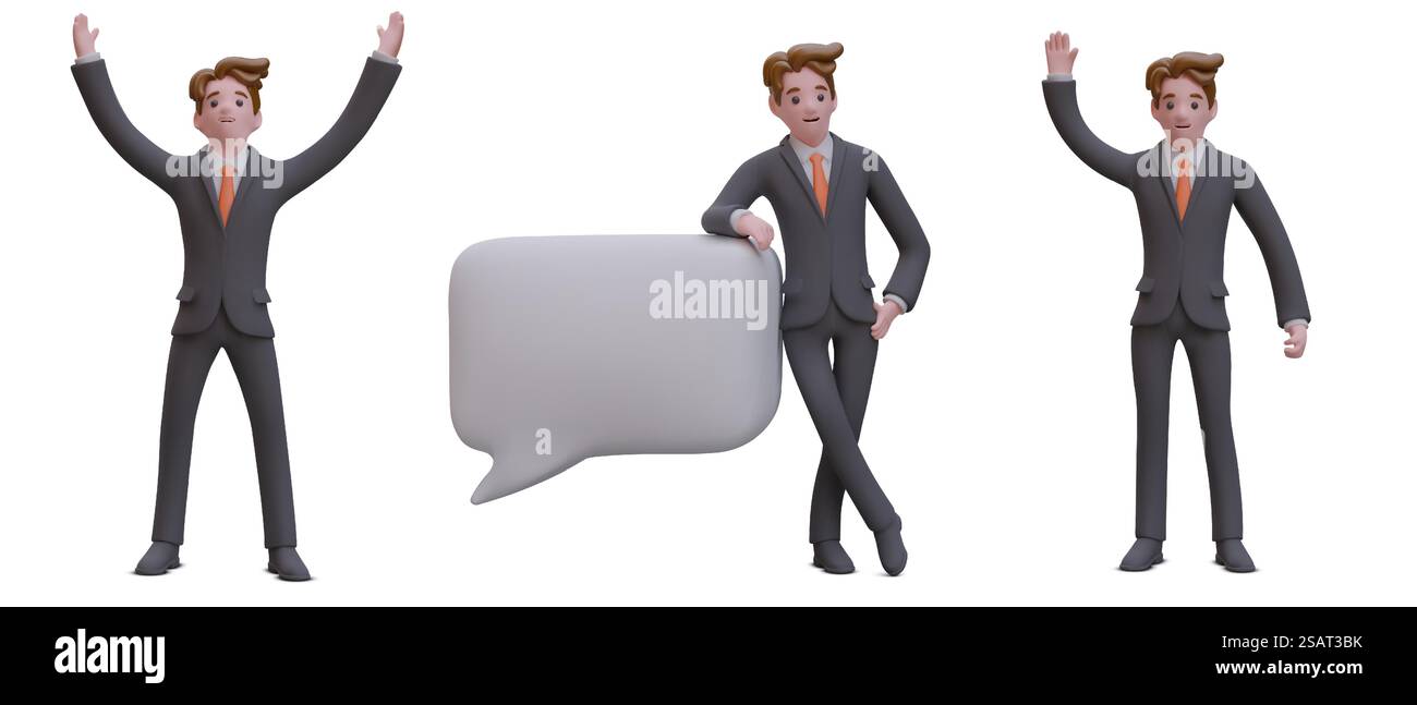 Cartoon man raises his hands up, leans on dialogue bubble, waves. Set ...