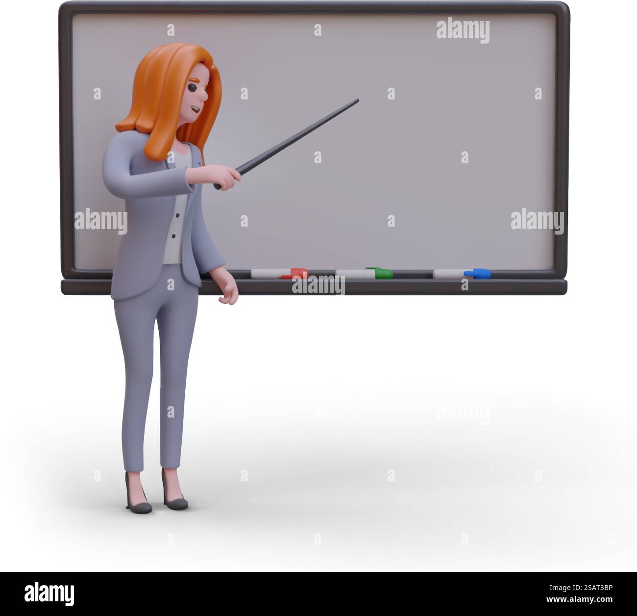 Presentation. Woman with pointer stands near blackboard. Female ...