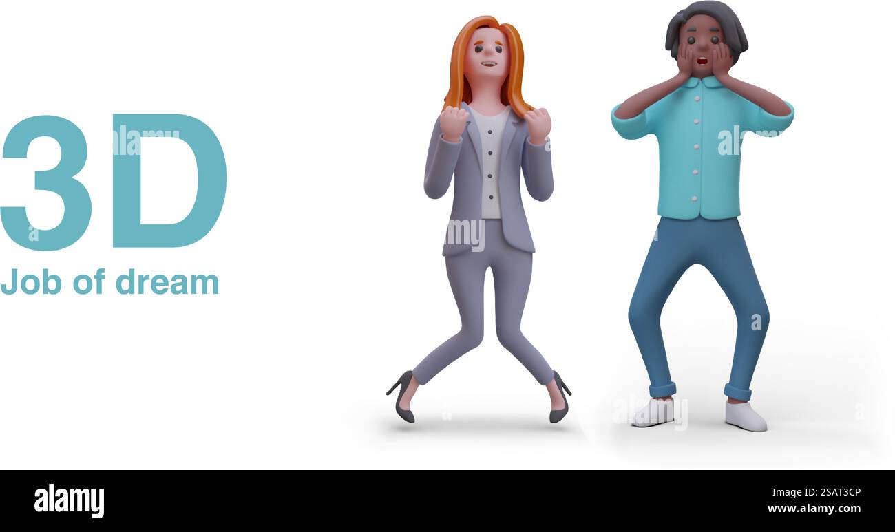 Woman jumping and enjoying success at work. 3d realistic model of male ...