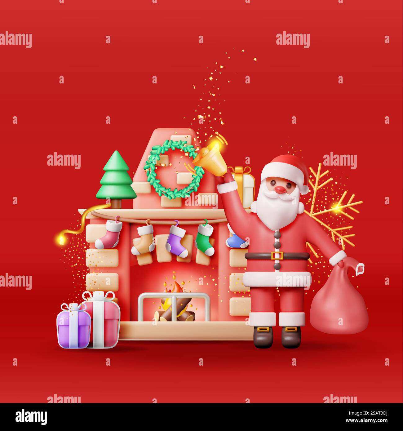 3D Red Brick New Year Fireplace and Santa Claus. Render Christmas ...