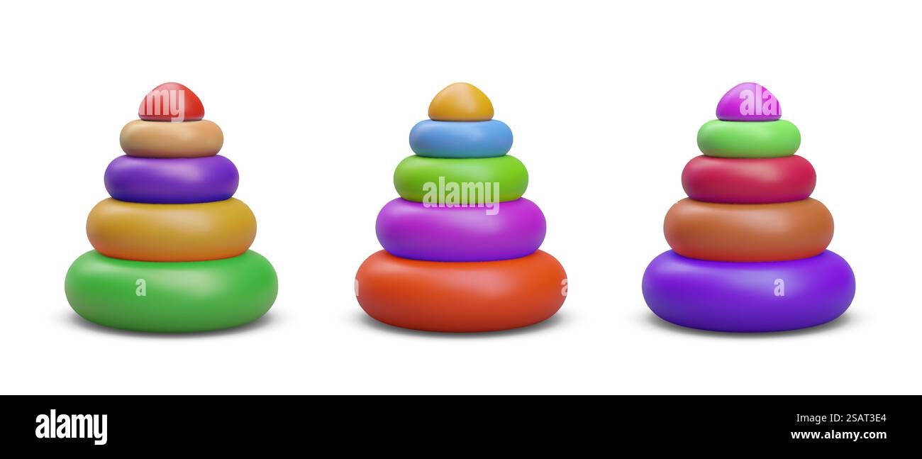 Set of realistic children pyramids. Educational toy with rings of ...