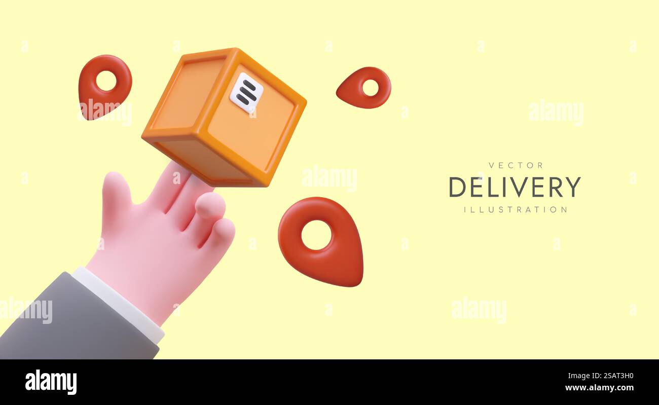 3d hand holding parcel. Advertising placard for postal company with ...