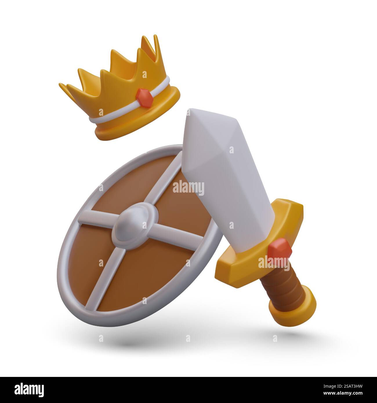 3D shield, sword and gold crown with red crystal. Royal battle ...
