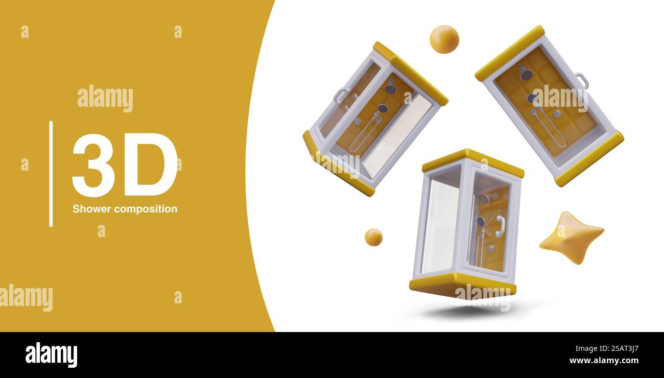 Realistic shower cabins, 3D vector composition and floating objects. Advertising concept for web ...