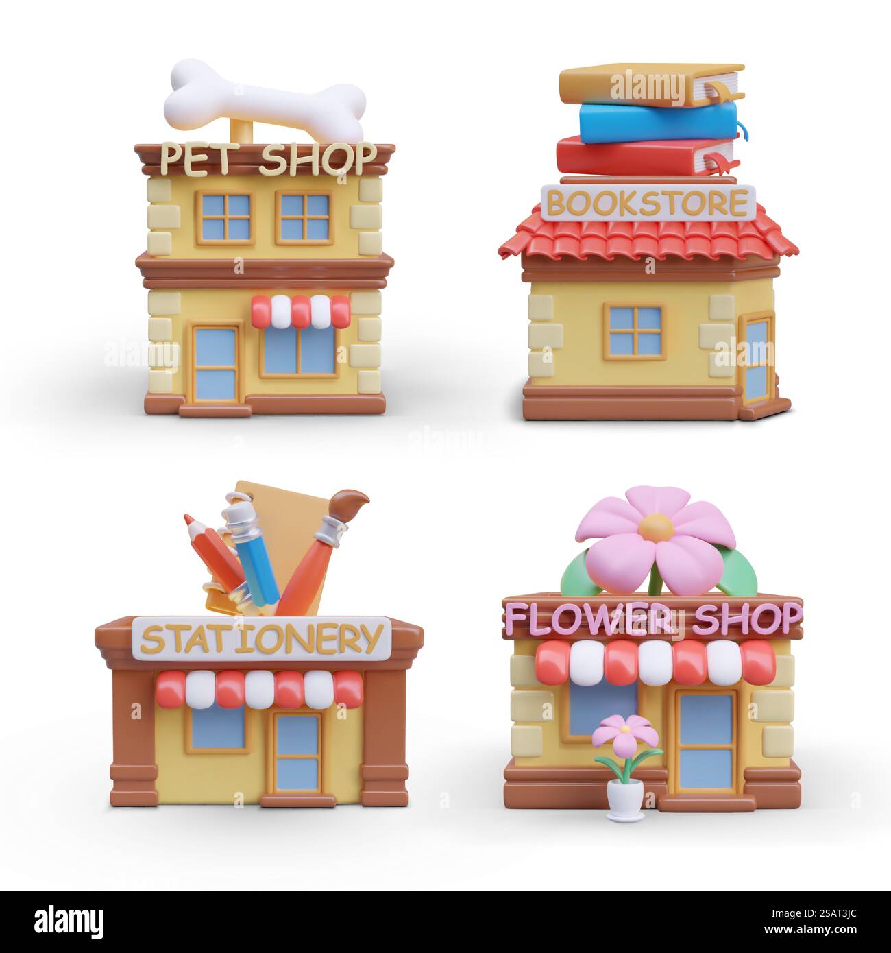Pet store, bookstore, flower shop, stationery store. Isolated images of ...