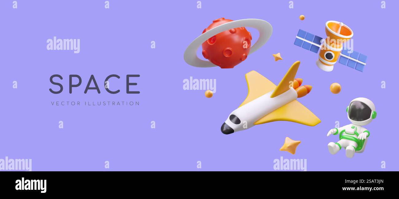 Banner with space objects on purple background. Astronaut in open space ...