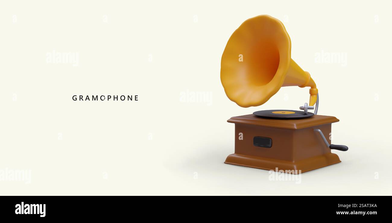 3D color classic gramophone. Vintage record vinyl player. Color vector ...