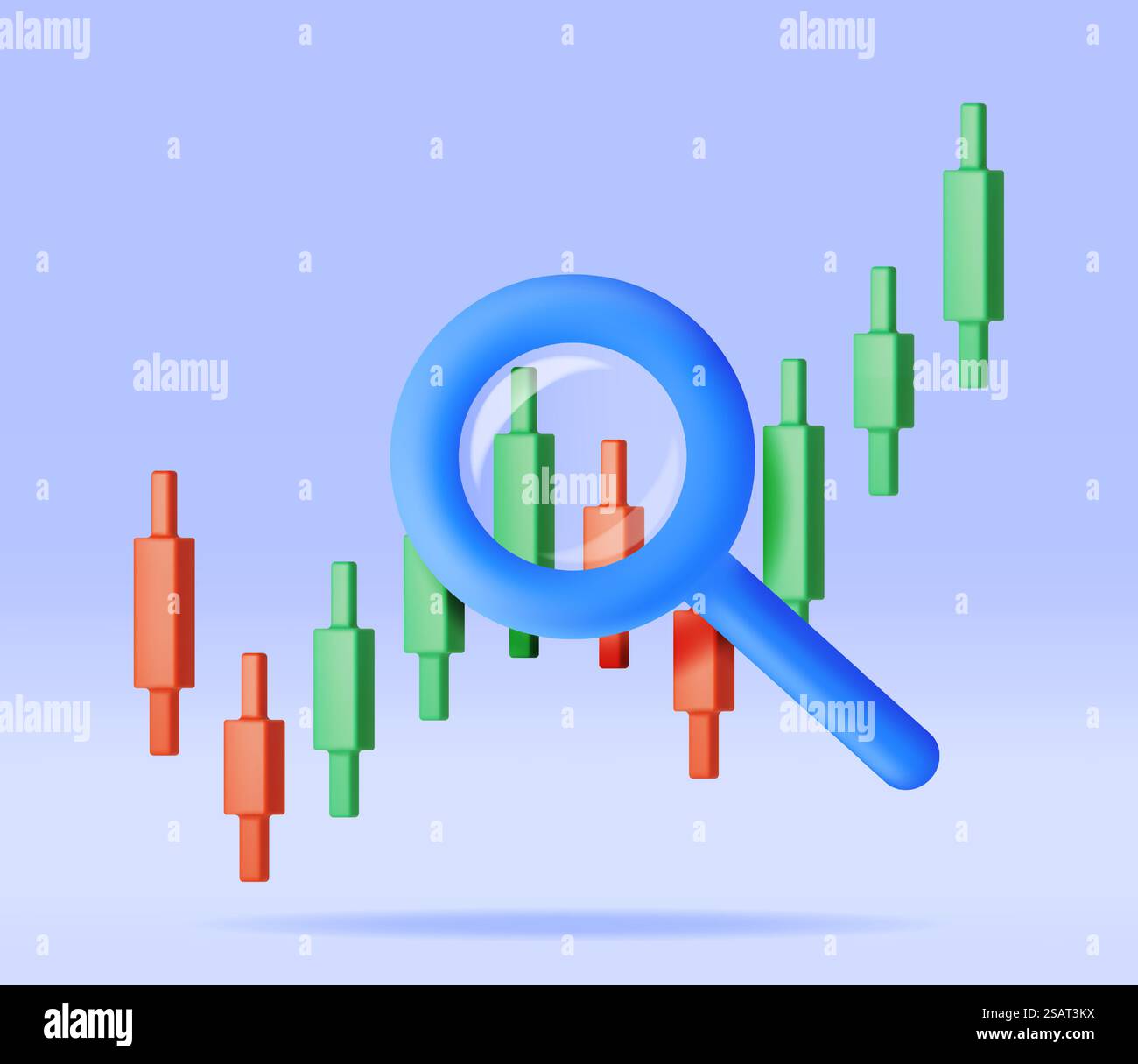 3D Stock Candle with Magnifying Glass Isolated. Render Stock Bars Shows ...