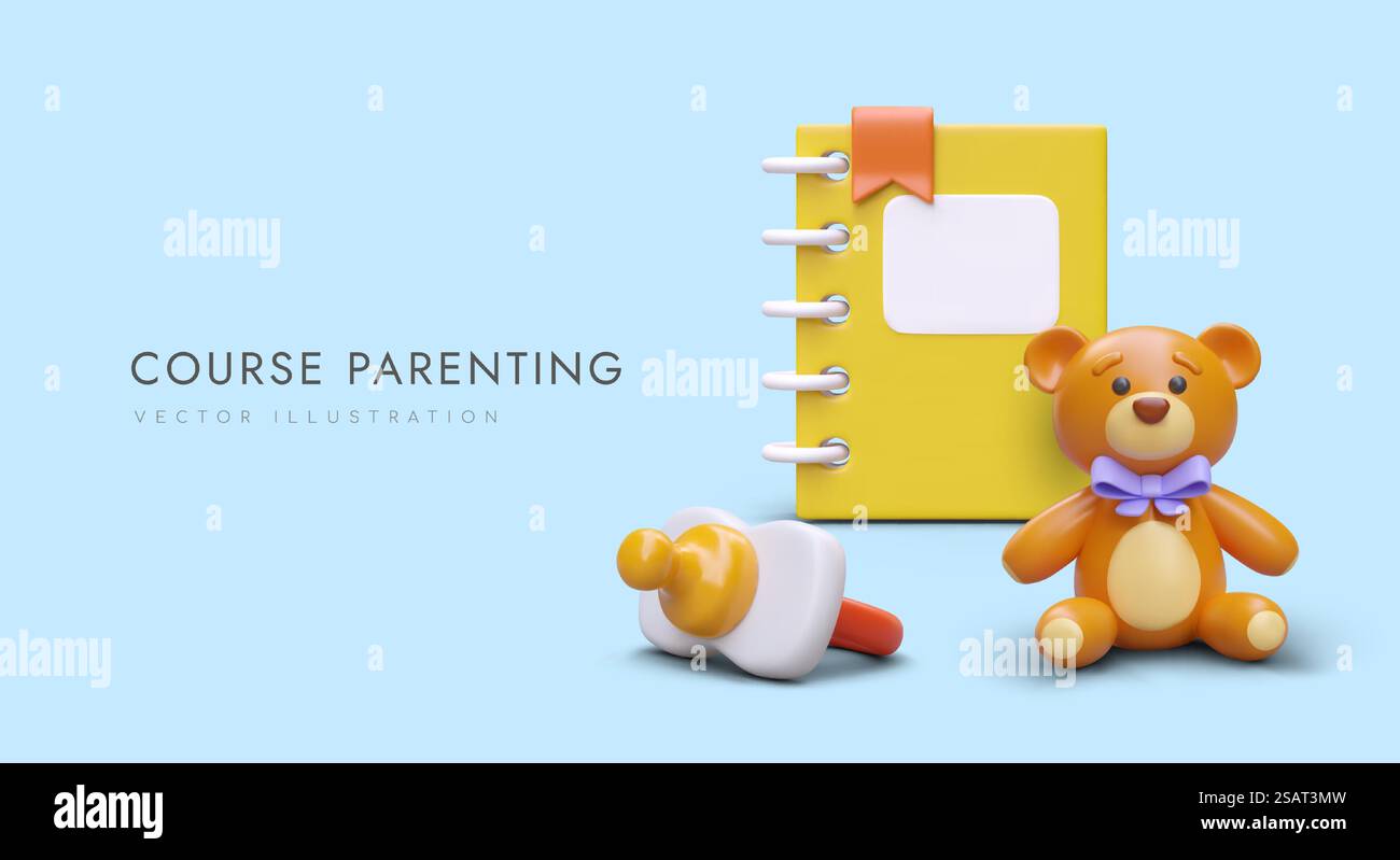 Poster with blue background, realistic notebook, teddy bear and plastic pacifier. Parenting ...