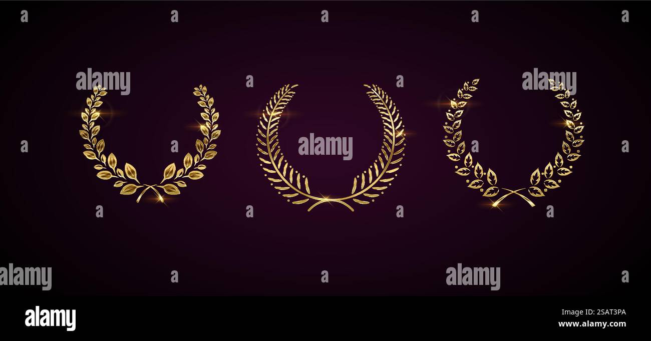 Glaring golden laurel wreaths realistic vector illustration set ...
