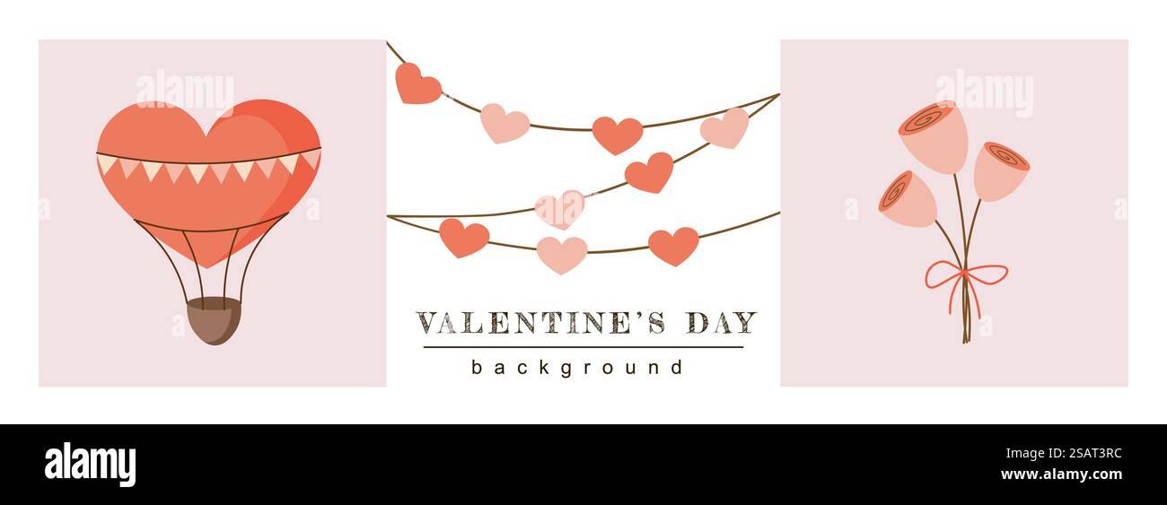 Valentine Day horizontal web banner. Hot air balloon with heart shape ...