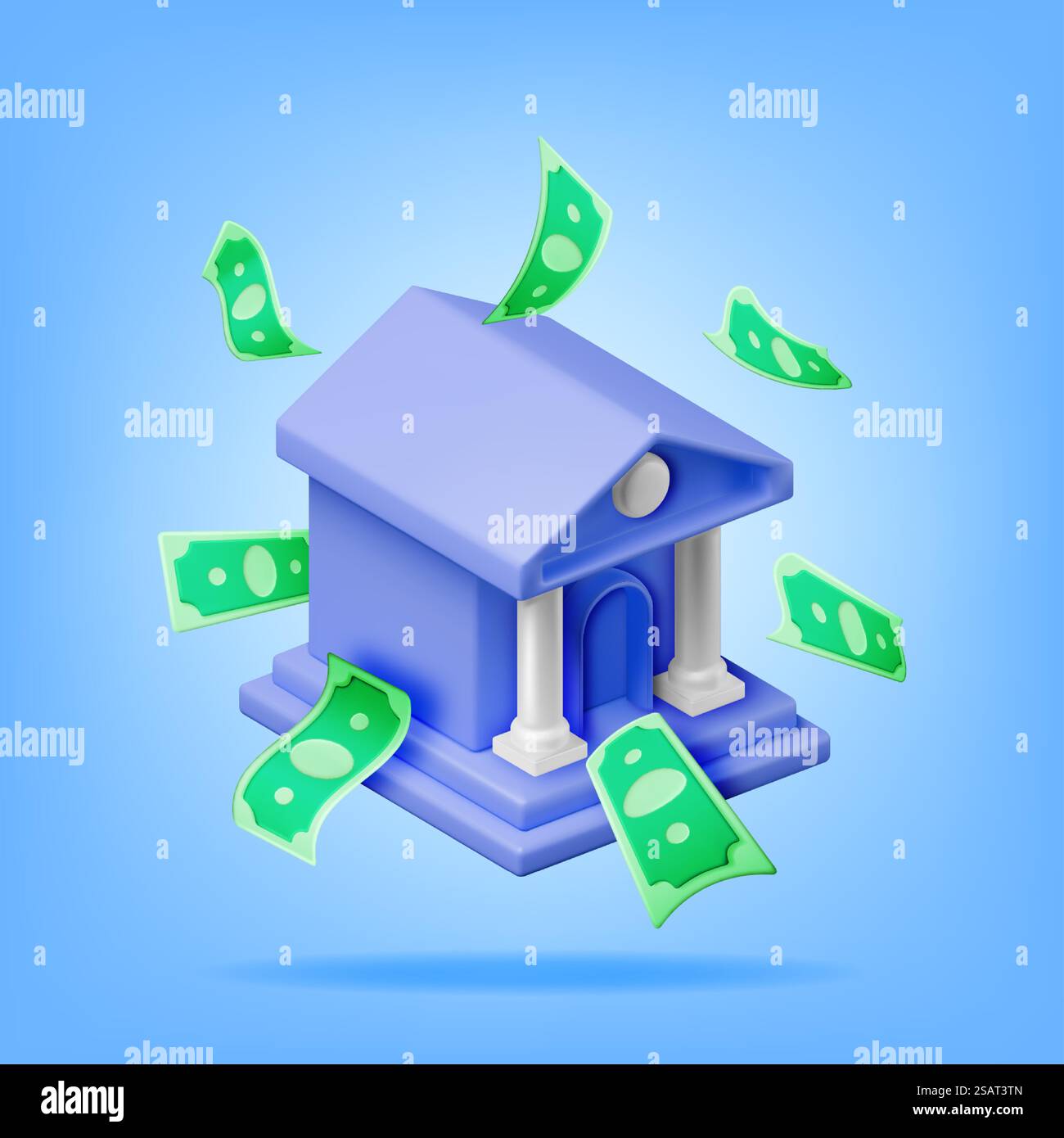 3D Bank Building and Cash Money. Render Financial House Icon ...