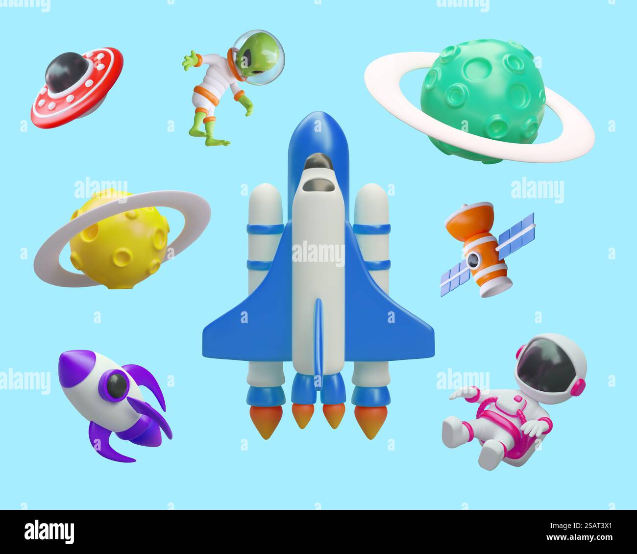 Set of vector 3D space objects. Rocket, shuttle, satellite, flying disc ...