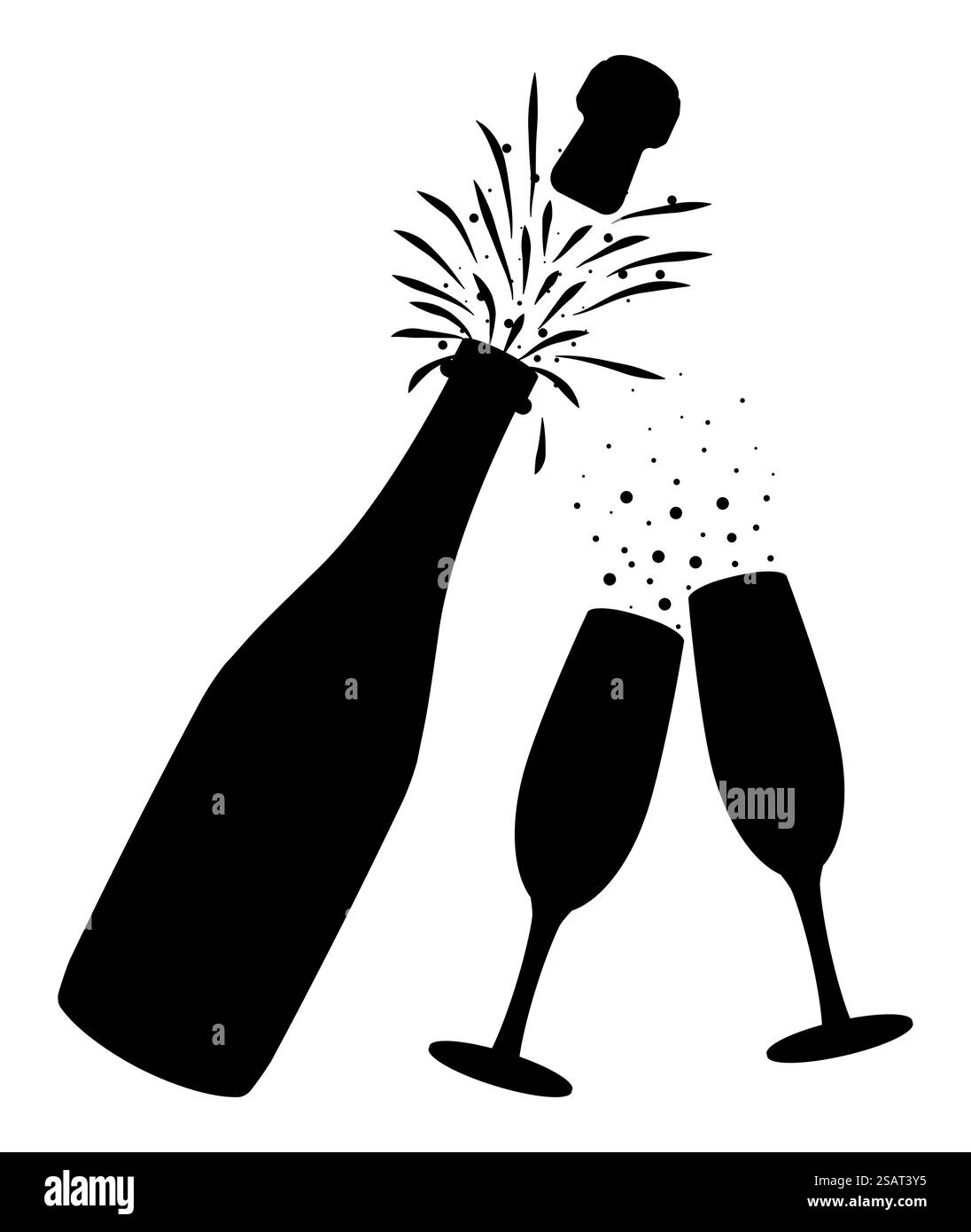 Silhouette of champagne bottle opening with pop, cork flying. Champagne ...