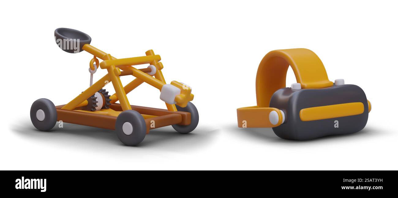 Realistic catapult and VR glasses with shadow on white background ...