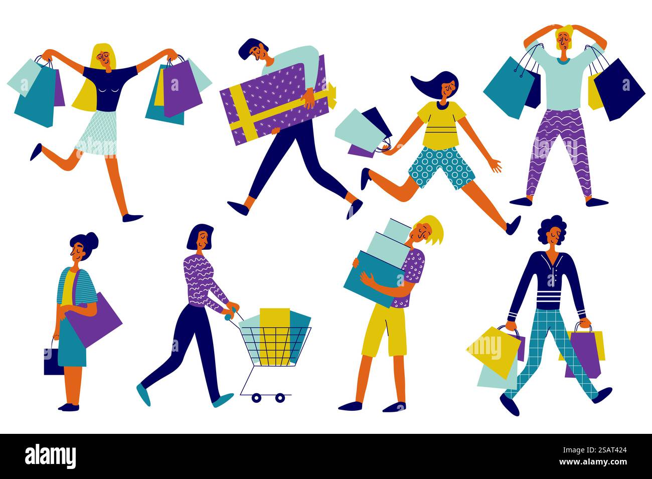 People shopping set in flat character design for web. Bundle persons of ...