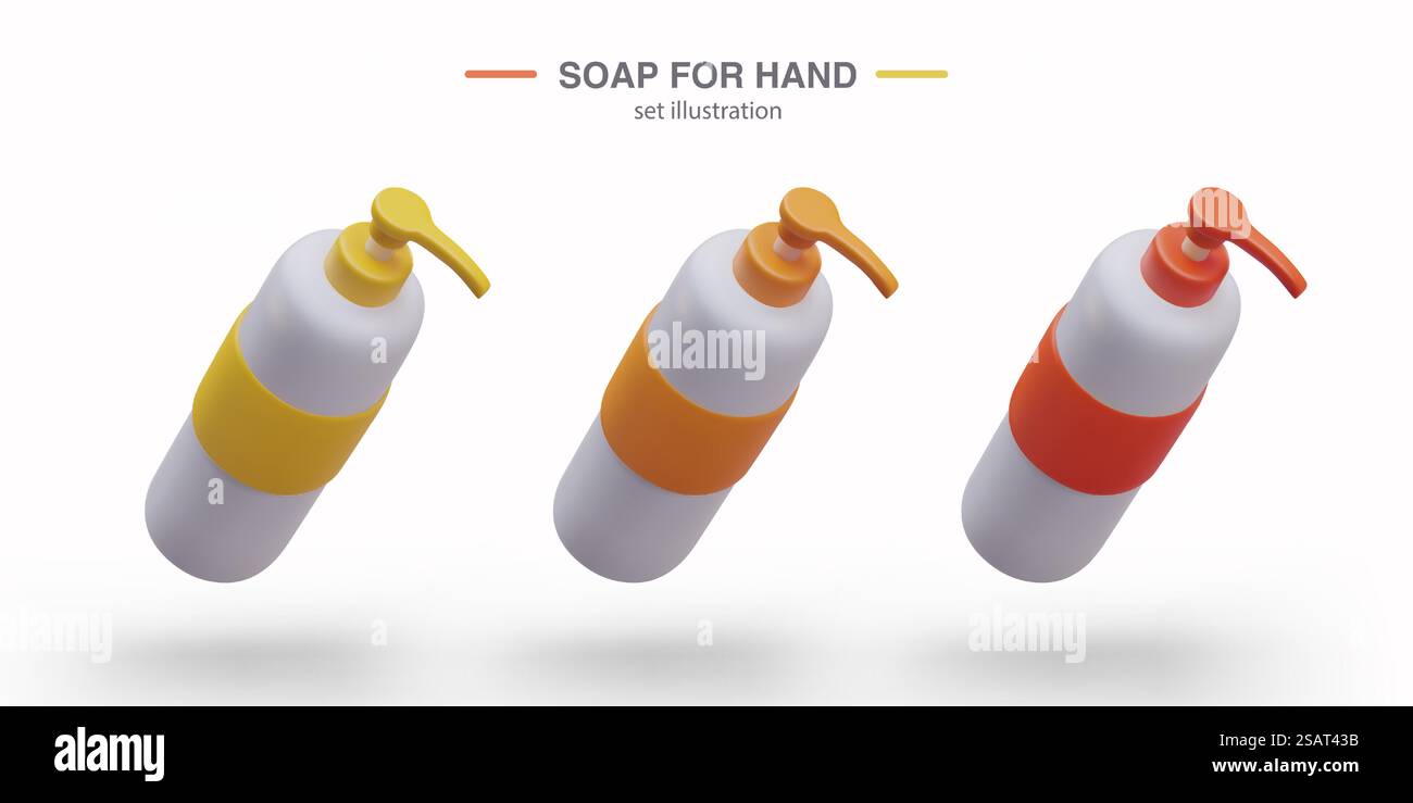 Set of bottles with dispenser of different colors. Liquid hand soap ...