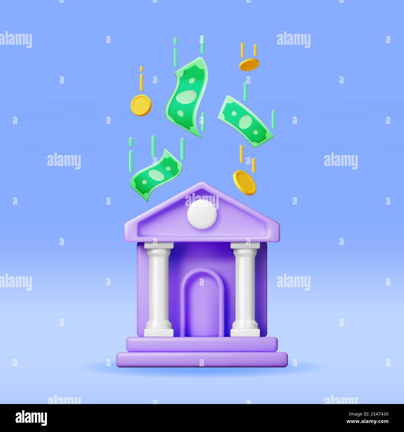 3D Bank Building and Cash Money. Render Financial House Icon ...