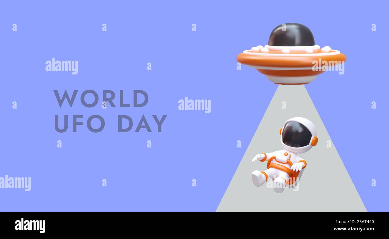 World UFO Day. Realistic flying disc with abduction beam, astronaut ...