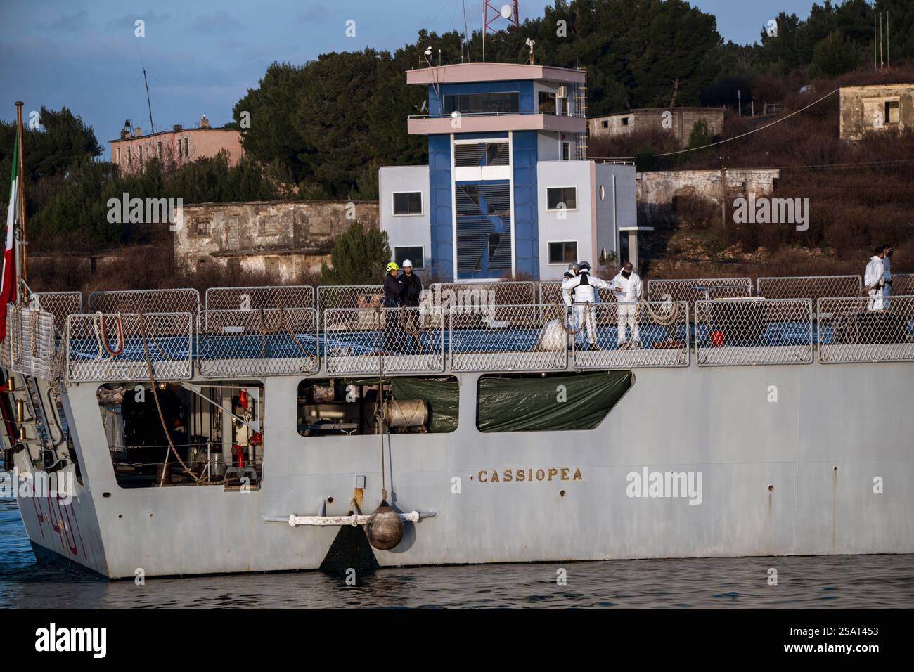 Shengjin, Albania. 28th Jan, 2025. Staff seen on board of navy ship ...