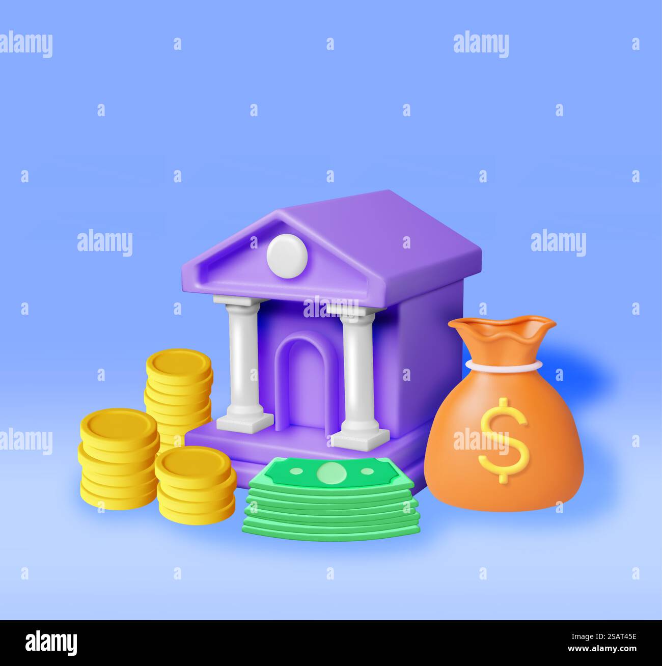 3D Bank Building and Cash Money. Render Financial House Icon ...