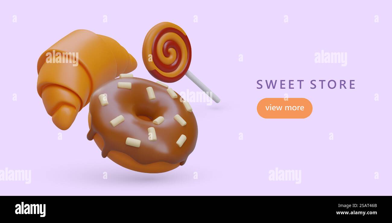 Sweet shop concept in cartoon style. Bright advertising on purple ...