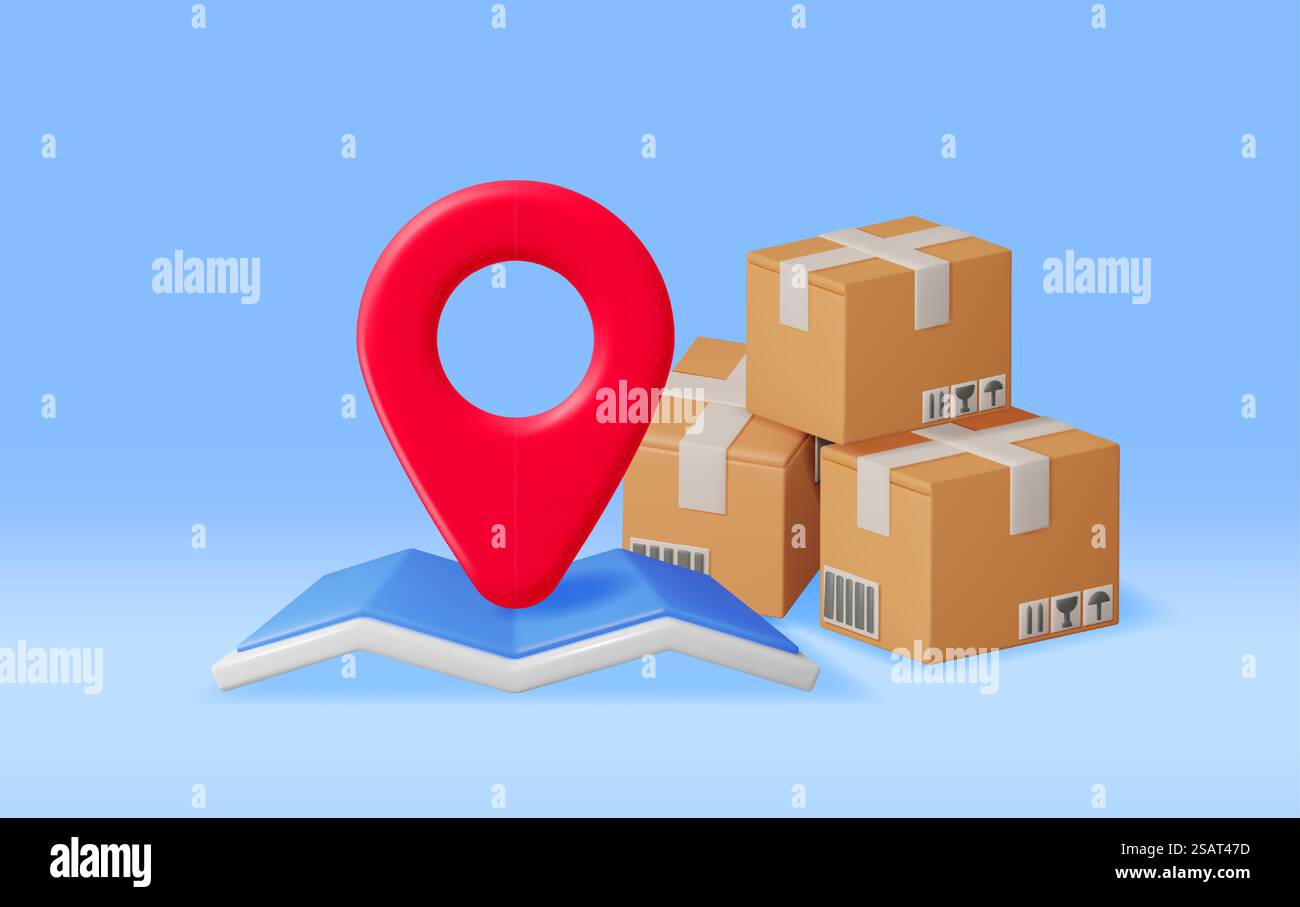 3D Carton Packaging Box with Map and Location Pin. Render Map and ...