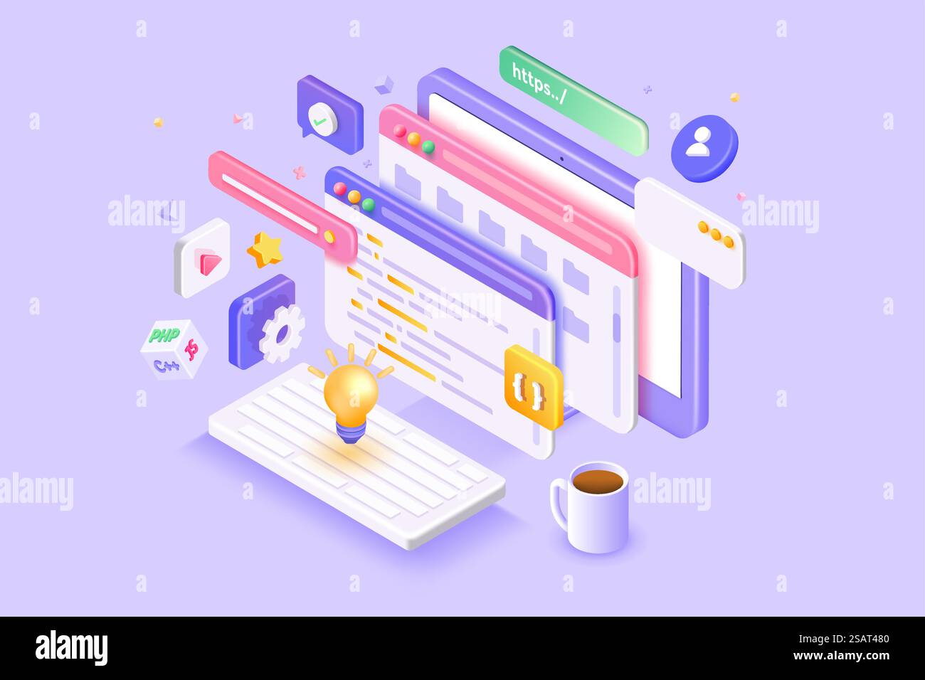 3d render Isometric Developing app. Developer mobile system application ...