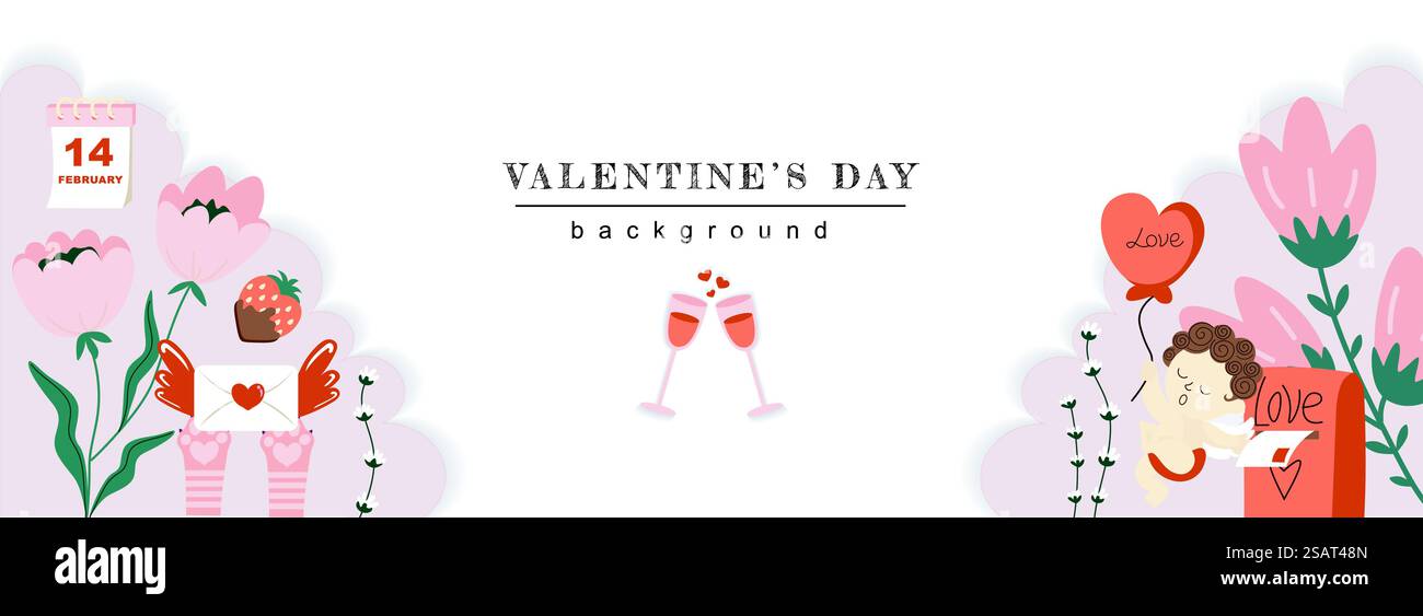 Valentine Day horizontal web banner. Love letters, pink flower bouquets ...