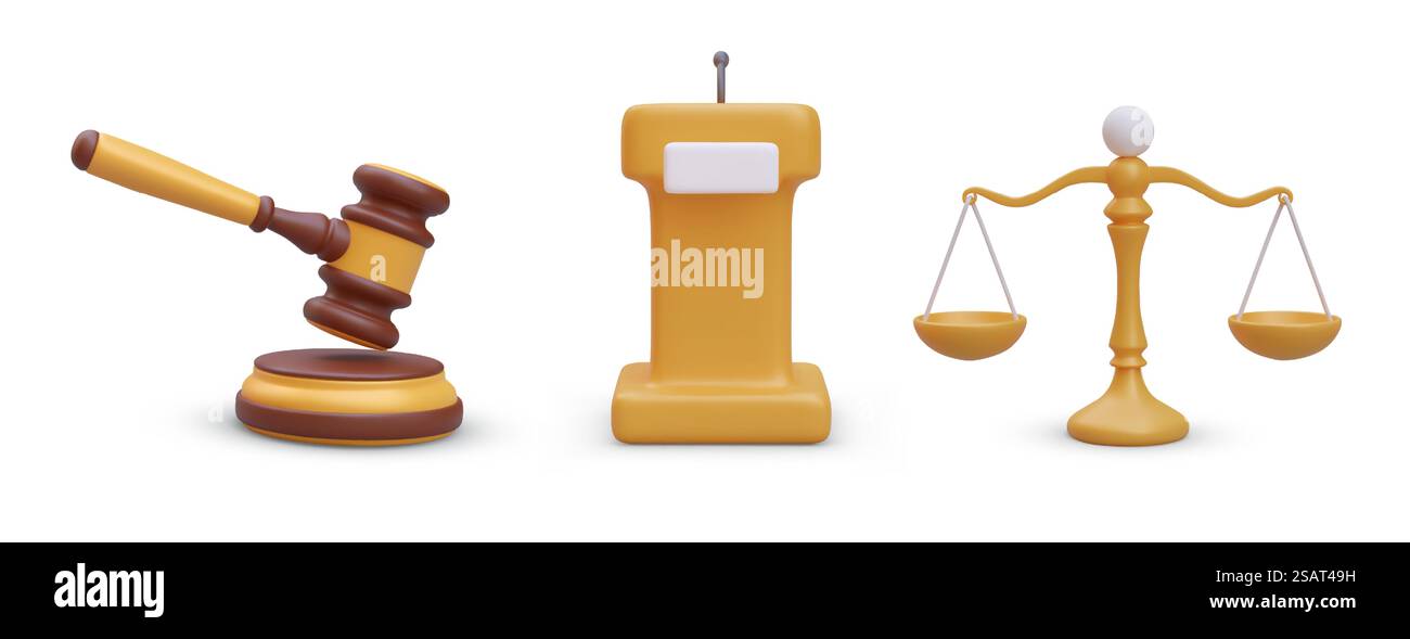 Set of wooden judges gavel, speaker lectern with microphone and golden ...
