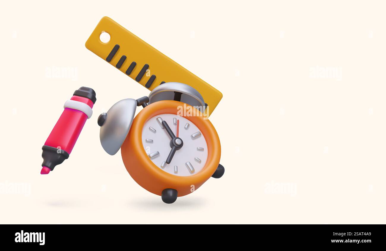 3D marker, alarm clock, ruler. Study time. Composition of vector ...